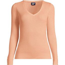 LANDS' END Feinstrick-Zopfmusterpullover mit V-Ausschnitt, Damen,  Orange, Baumwolle, by Lands' End
