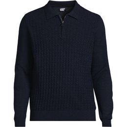 LANDS' END Feinstrick-Pullover mit Polokragen und Rei&szlig;verschluss, Herren,  Blau, Baumwolle, by Lands' End