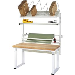 Rau Packtisch komplett 600, elektrisch h&ouml;henverstellbar, Set 2 mit Etagenbord, Schneidger&auml;t, Abrolleinheit, BxT 1500 x 700 mm, Buchenplatte