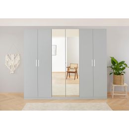 Dreht&uuml;renschrank Rauch "Kleiderschrank Schrank Garderobe Ankleide KOLUNA mit Dekor-Front", grau (seidengrau), B:271cm H:210cm T:54cm, Holzwerkstoff, Schr&auml;nke, Dreht&uuml;renschrank, mit Spiegel, inkl. 2 Innenschubladen sowie extra B&ouml;den MADE IN GERMANY