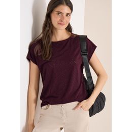 T-Shirt Cecil, Damen, Gr. L (42), sweet grape rot, Stoff, 62% Polyester, 33% Viskose, 5% Elasthan, Strukturmuster, comfort fit normal, U-Boot-Ausschnitt, abgesteppt, Shirts T-Shirt, mit U-Boot-Ausschnitt