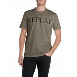 T-Shirt Replay, Herren, Gr. L, gr&uuml;n (mud gr&uuml;n), Jersey, Obermaterial: 100% Baumwolle, bedruckt, regular fit, Rundhals, Shirts T-Shirt, mit Logo-Frontprint