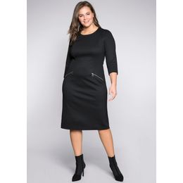 Etuikleid sheego "Etuikleid", Damen, Gr. 58, Normalgr&ouml;&szlig;en, schwarz, Jersey, 70% Polyester, 25% Viskose, 5% Elasthan, unifarben, knielang, Rundhals, Kleider Etuikleid