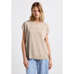 T-Shirt Street One, Damen, Gr. 36, beige (coastal beige), Stoff, 70% Modal, 30% Polyester, unifarben, comfort fit normal, Rundhals, B&uuml;ndchen, Shirts T-Shirt, mit Seitlichen Einschlitzen am Saum