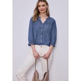 Langarmbluse Street One, Damen, Gr. 46, soft mid blau washed, Stoff, 100% Lyocell, unifarben, klassisch normal, hoch geschlossener Ausschnitt, B&uuml;ndchen, Blusen, mit Stehkragen