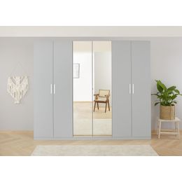 Dreht&uuml;renschrank Rauch "Kleiderschrank Schrank Garderobe Ankleide KOLUNA mit Dekor-Front", grau (seidengrau), B:271cm H:229cm T:54cm, Holzwerkstoff, Schr&auml;nke, Dreht&uuml;renschrank, mit Spiegel, inkl. 2 Innenschubladen sowie extra B&ouml;den MADE IN GERMANY