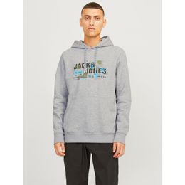 Jack & Jones Kapuzensweatshirt JACK & JONES "JCOOUTDOOR LOGO SWEAT HOOD SN", Herren, Gr. M, grau (light grau melange), angeraute Sweatware, Obermaterial: 60% Baumwolle, 40% Polyester, meliert, regular fit, Rippb&uuml;ndchen, Sweatshirts