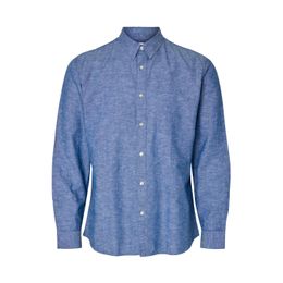 Langarmhemd Selected "SLHSLIMSUN LS SHIRT CLASSIC D", Herren, Gr. M, N-Gr, medium blau denim, Web, Obermaterial: 71% Baumwolle, 29% Leinen, unifarben, slim fit normal, 1-Knopf-Manschette, Hemden