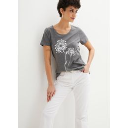 T-Shirt bonprix "T-Shirt", Damen, Gr. 44/46 (L), grau (grau meliert, wei&szlig; bedruckt), Obermaterial: 50% Baumwolle, 50% Polyester, loose fit, Shirts T-Shirt, lockere Passform, Kurzarm-Design, weiter Rundhalsausschnitt