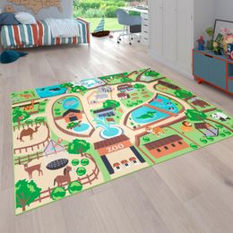 Kinderteppich Paco Home "Bino 563", beige, B:120cm H:4mm L:160cm, Polyester, Teppiche, Kinderteppich, Kurzflor, Stra&szlig;en-Spiel-Teppich, Motiv Zoo, Kinderzimmer