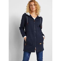 Kapuzensweatjacke bonprix, Damen, Gr. 52/54 (XXL), blau (dunkelblau), Sweatware, Obermaterial: 60% Baumwolle, 40% Polyester, unifarben, l&auml;ssig geschnitten Po-bedeckend, ohne Ausschnitt, Rippb&uuml;ndchen, Sweatjacken Kapuzensweatjacke, mit Kapuze, aus Baumwollmischung, mit 2-Wege-Rei&szlig;verschluss