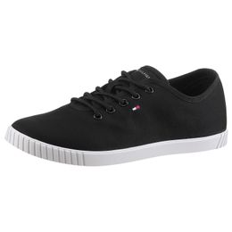 Sneaker Tommy Hilfiger "CANVAS LACE UP SNEAKER", Damen, Gr. 36, schwarz, Baumwolle, unifarben, Schuhe Sneaker, Freizeitschuh, Halbschuh, Schn&uuml;rschuh mit gestickter Logoflagge