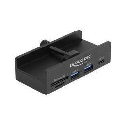 Delock Externer USB 5 Gbps Hub mit 2 x USB Typ-A, 1 x USB Type-C und SD + Micro SD Slot mit Feststellschraube, USB-Hub schwarz