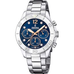 Chronograph Festina "Boyfriend Collection", silber (silberfarben, dunkelblau), Armbanduhren, Damen, Chronograph, Armbanduhr, Quarzuhr, Damenuhr, Stoppfunktion, Edelstahlarmband
