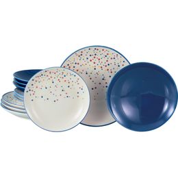 Teller-Set Creatable "Joy, Teller Set 12-tlg.", bunt (blau, bunt), 12 Stk., Steinzeug, Geschirr-Sets, Teller-Set, Unregelm&auml;&szlig;ige bunte Punkte, Gute Laune Geschirr, Frisch, Freundlich