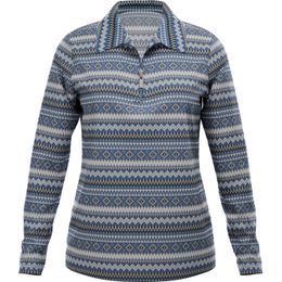 Damen Langarmshirt mit Polokragen jeansblau-ecru-bedruckt, Gr&ouml;&szlig;e 52