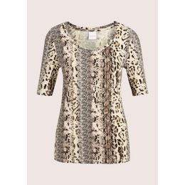 Madeleine Mode Kurzarmshirt MADELEINE "Blusenshirt Elegantes Oberteil im Animal-Design", Damen, Gr. 34, schwarz (caramel, schwarz, multicolor), Obermaterial: 95% Viskose CV. 5% Elasthan EL., Modern, Shirts Kurzarmshirt, Shirt mit Animal Print