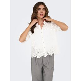 Spitzenbluse Only "ONLVALAIS S/S SHIRT WVN NOOS", Damen, Gr. XS, cloud dancer, Web, Obermaterial: 100% Baumwolle, unifarben, loose fit normal, gewellter Abschluss, Blusen Spitzenbluse, Baumwolle, loose fit
