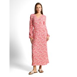 Midikleid Tom Tailor, Damen, Gr. 38, N-Gr, coral pink ginkgo minimal, Jersey, Obermaterial: 100% Polyester, gemustert, regular fit kn&ouml;chelfrei, V-Ausschnitt, elastischer Bund, Kleider Midikleid, mit All-Over Print