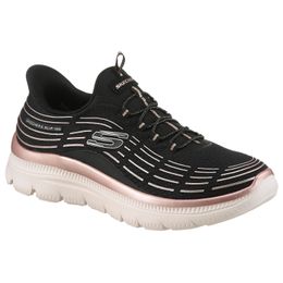 Slip-On Sneaker Skechers "SUMMITS PLUS-SOFT LUSTER", Damen, Gr. 43, rosa (schwarz, ros&eacute;goldfarben), Textil, Schuhe Slip-On Sneaker, Freizeitschuh, Schlupfschuh in veganer Verarbeitung