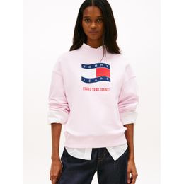 Sweatshirt Tommy Jeans "TJW BXY WAVY FLAG CREW EXT", Damen, Gr. XXL (44), pearly pink, Sweatware, Obermaterial: 100% Baumwolle, bedruckt, l&auml;ssig geschnitten normal, Rundhals, Rippb&uuml;ndchen, Sweatshirts Sweatshirt, Boxy Fit mit Rundhals