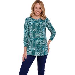 Damen Longshirt mit Patchwork-Druck petrol-ozean-bedruckt, Gr&ouml;&szlig;e 46