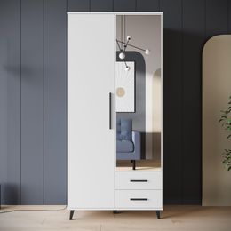 Kleiderschrank OTTO HOME "Lagos, Garderobe Schlafzimmerschrank W&auml;scheschrank", wei&szlig; (wei&szlig; matt), B:90cm H:195,8cm T:51cm, FSC-zertifizierter Holzwerkstoff, Schr&auml;nke, Kleiderschrank, Moderner Dreht&uuml;renschrank mit Spiegelt&uuml;r, Breite 90 cm, 2 Schubladen