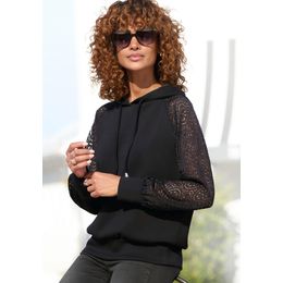 Kapuzensweatshirt Lascana, Damen, Gr. 40/42, schwarz, Stoff, Obermaterial: 50% Viskose, 44% Polyester, 6% Elasthan. &Auml;rmel: 95% Polyester, 5% Elasthan, unifarben, figurumspielend h&uuml;ftlang, Rundhals, Raglan&auml;rmel angesetztes B&uuml;ndchen, Sweatshirts Kapuzensweatshirt, mit &Auml;rmeln aus elastischer Spitze, Topseller