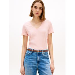 Kurzarmshirt Tommy Hilfiger "CO LINEN V-NECK SHORT SLEEVE TEE", Damen, Gr. S (36/38), soft rose, Single Jersey, Obermaterial: 50% Baumwolle, 50% Leinen, unifarben, regular fit normal, V-Ausschnitt, abgesteppte Kante, Shirts Kurzarmshirt, mit V-Ausschnitt, Regular Fit