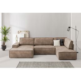 Wohnlandschaft Home Affaire "SHERWOOD U-Form, 329 cm - OTTO. Verl&auml;ssliche Qualit&auml;t.", braun (cognac), B:329cm H:85cm T:195cm, 100% Polyester, Sofas, Wohnlandschaft, Schlaffunktion m. Bettkasten (194x139 cm), Cord, Vintage, Samtvelours