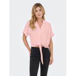 Kurzarmbluse Only "ONLPAULA LIFE S/S TIE SHIRT WVN NOOS", Damen, Gr. XS, romance rose stripes:sangria stripes, Web, Obermaterial: 100% Viskose, gestreift, regular fit normal, V-Ausschnitt, Blusen Kurzarmbluse, Viskose, regular fit
