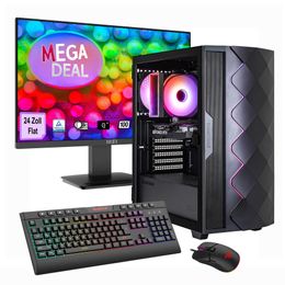 GAMEMAX Gaming-PC-Komplettsystem "MegaDeal Diamond BK 2695 AMD Ryzen 5 5500 RTX 5050 16 GB 1TB SSD", Energieeffizienz: E, schwarz, Microsoft Windows 11 Home (64 Bit), 16 GB RAM 1.000 GB SSD, Computer_Komplettsysteme, Windows 11 + MSI PRO MP2412DE Monitor 60cm (24"), Gaming-PC-Komplettsystem