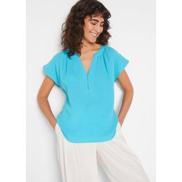 Shirtbluse bonprix "Musselin-Blusentop aus reiner Baumwolle", Damen, Gr. 50, tiefaqua, Web, Obermaterial: 100% Baumwolle, oversize normal, Rundhals, gerader Abschluss, Blusen Shirtbluse, Oversize-Passform, mit V-Ausschnitt, aus Baumwolle