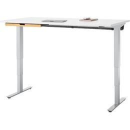 Schreibtisch mit Bambus-Zubeh&ouml;rschublade & Kabelkanal aus Recyclingfilz, elektrisch h&ouml;henverstellbar, B 1600 x T 800 x H 605&ndash;1265 mm, wei&szlig;/silber
