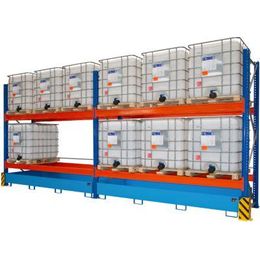 Umwelt-Grundregal 3300-2, Palettenregal, B 3500 x T 1300 x H 3000 mm, f&uuml;r max. 6 IBC, Auffangwanne 1000 l, lichtblau/verkehrsblau/reinorange