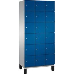 C+P Schlie&szlig;fachschrank Cambio, 3 Abteile, 18 F&auml;cher, auf F&uuml;&szlig;en, B 900 x T 525 x H 1980 mm, wei&szlig;aluminium/enzianblau