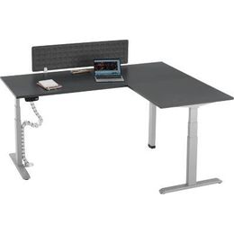 90&deg; Winkeltisch mit Akustik-Tischtrennwand & Kabelf&uuml;hrung, Memorymaster, elektrisch h&ouml;henverstellbar, T-Fu&szlig;, B 2000 x T 1600 mm, graphit