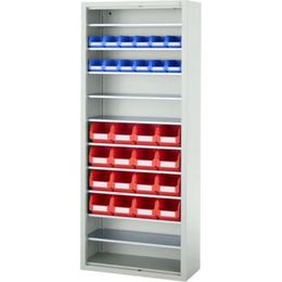 Magazinregal C+P Serie 13, mit 28 Sichtlagerk&auml;sten SSI Sch&auml;fer Serie PROFI LF 211/221, 10 Fachb&ouml;den, abschlie&szlig;bar, B 700 x T 300 x H 1690 mm, Stahl, lichtgrau RAL 7035