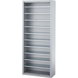Magazinregal C+P Serie 13, ohne Sichtlagerk&auml;sten, 10 Fachb&ouml;den, abschlie&szlig;bar, B 700 x T 300 x H 1690 mm, Stahl, wei&szlig;aluminium RAL 9006