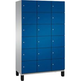 C+P Schlie&szlig;fachschrank Cambio, 3 Abteile, 18 F&auml;cher, auf F&uuml;&szlig;en, B 1200 x T 525 x H 1980 mm, wei&szlig;aluminium/enzianblau