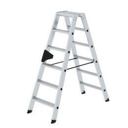 Munk Stufen-Stehleiter, 2 x 6 Stufen, Aluminium, Rechteckrohr-Holme, 80 mm geriffelte Stufen, 150 kg belastbar, nivello&reg; Leiterschuhe, ergo-pad&reg; Griffzone