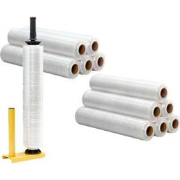 Sparset Handabroller f&uuml;r Stretchfolie + 12 Rollen Stretchfolie, Abroller f&uuml;r Rollen mit B 450-500 mm, Stahl, Stretchfolie L 300 m x B 500 mm, PE