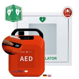 Defibrillator MEDX5 HeartSave Y, f&uuml;r Innen, manuelle Schockabgabe, Sprachausgabe DE/EN, IP55, Metall-Wandkasten inkl. Alarm, ohne HLW-Feedback-Sensor