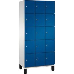 C+P Schlie&szlig;fachschrank Cambio, 3 Abteile, 15 F&auml;cher, auf F&uuml;&szlig;en, B 900 x T 525 x H 1980 mm, lichtgrau/enzianblau