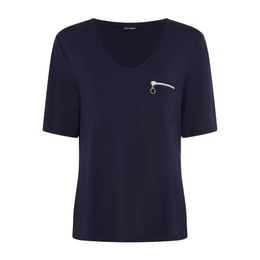 T-Shirt Bruno Banani, Damen, Gr. 32/34, navy, Jersey, Obermaterial: 95% Viskose, 5% Elasthan, unifarben, figurumspielend h&uuml;ftlang, tiefer V-Ausschnitt, Shirts T-Shirt, mit tiefem V-Ausschnitt, Brusttasche und Rei&szlig;verschluss-Detail