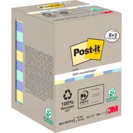 Post-it&reg; Haftnotizen Recycling Notes 654-RCP10, B 76 x T 76 mm, PEFC&reg;-Papier, farbig, 8 + 2 Bl&ouml;cke, 100 Blatt/Block