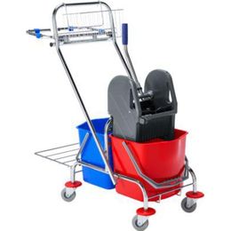 Sch&auml;fer Shop Sch&auml;fer Shop Select Reinigungswagen, 2 x 17 l Eimer/Mopp-Presse/Gitterkorb/M&uuml;llsackhalter, Lenkrollen, B 400 x T 920 x H 980 mm, blau-rot
