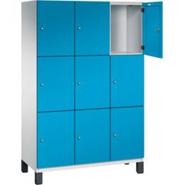 C+P Schlie&szlig;fachschrank Cambio, 3 Abteile, 9 F&auml;cher, auf F&uuml;&szlig;en, B 1200 x T 525 x H 1980 mm, lichtgrau/lichtblau