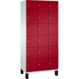 C+P Schlie&szlig;fachschrank Cambio, 3 Abteile, 18 F&auml;cher, auf F&uuml;&szlig;en, B 900 x T 525 x H 1980 mm, lichtgrau/rubinrot
