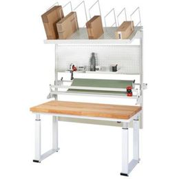 Rau Packtischsystem 05 Werbank-Serie adlatus 600, B 2000 x T 900 x H 740-1140 mm, Buche-Massivholzplatte, bis 600 kg